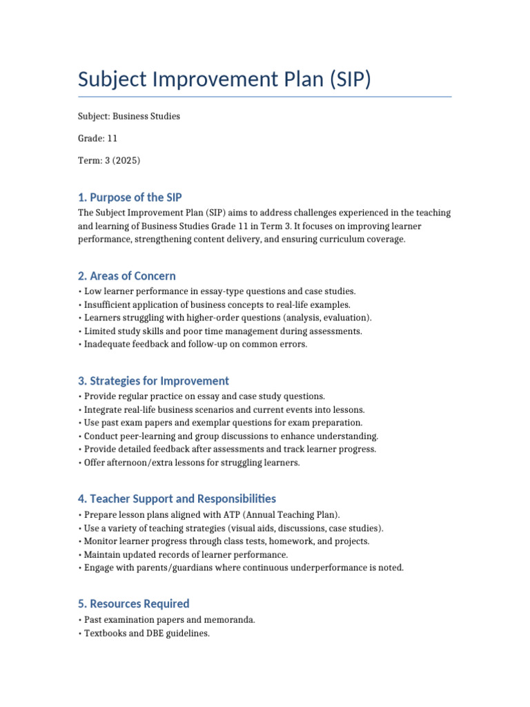 Business Studies SIP for Grade 11 Term 3 | PDF