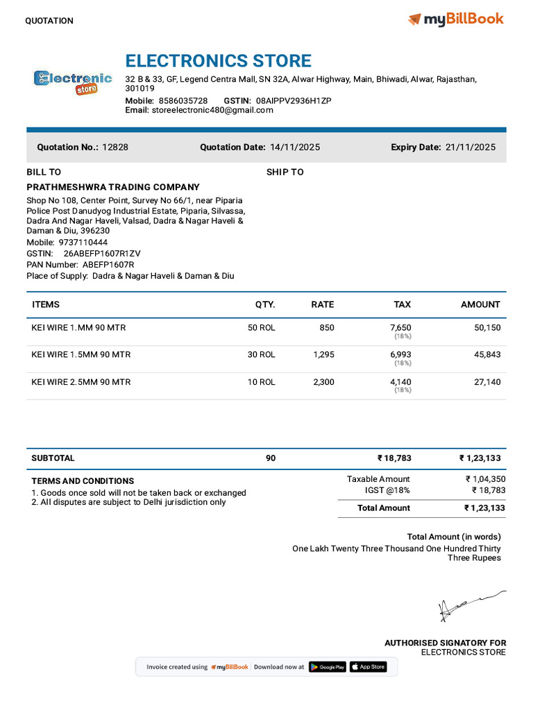 12828-Quotation-Prathmeshwra Trading Company | PDF | Taxes | Payments