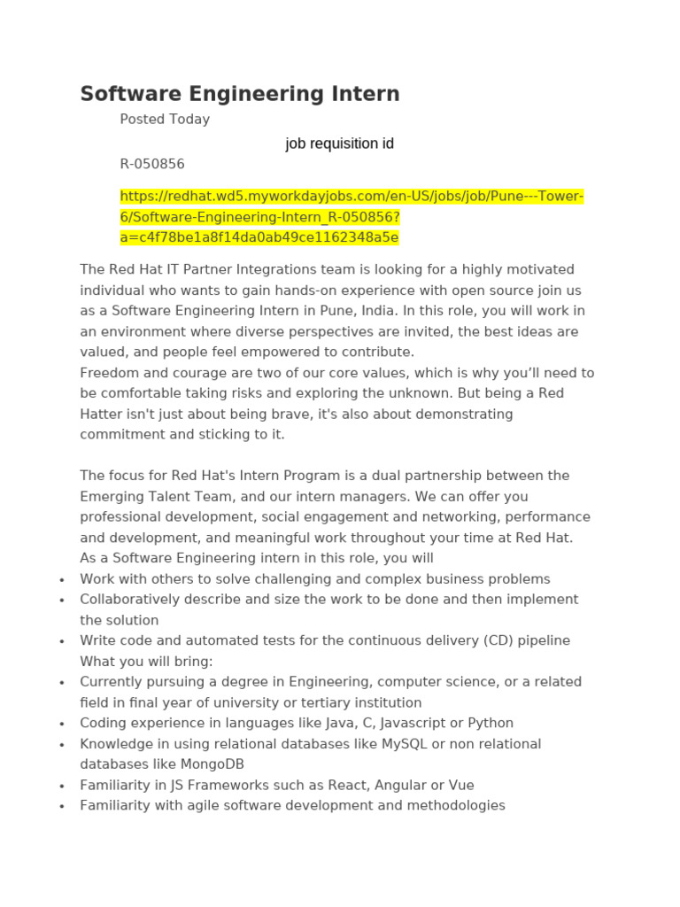 Red Hat Software Engineering Intern | PDF | Red Hat | Software