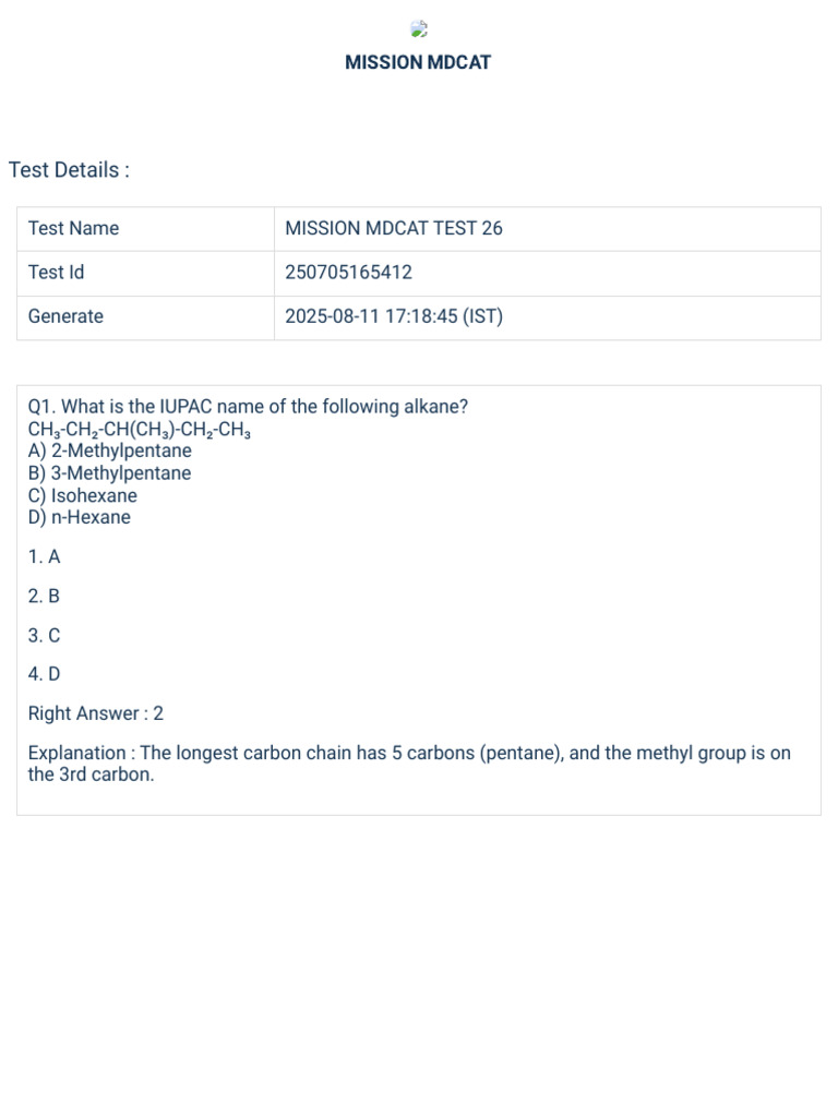 MDCAT Test Questions and Answers | PDF | Alkene | Alkane