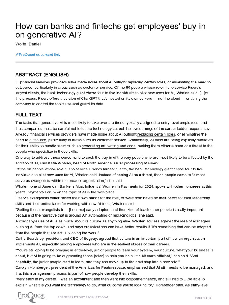 Wolfe, D., 2024. How Can Banks and Fintechs Get Employees' Buy-In On ...