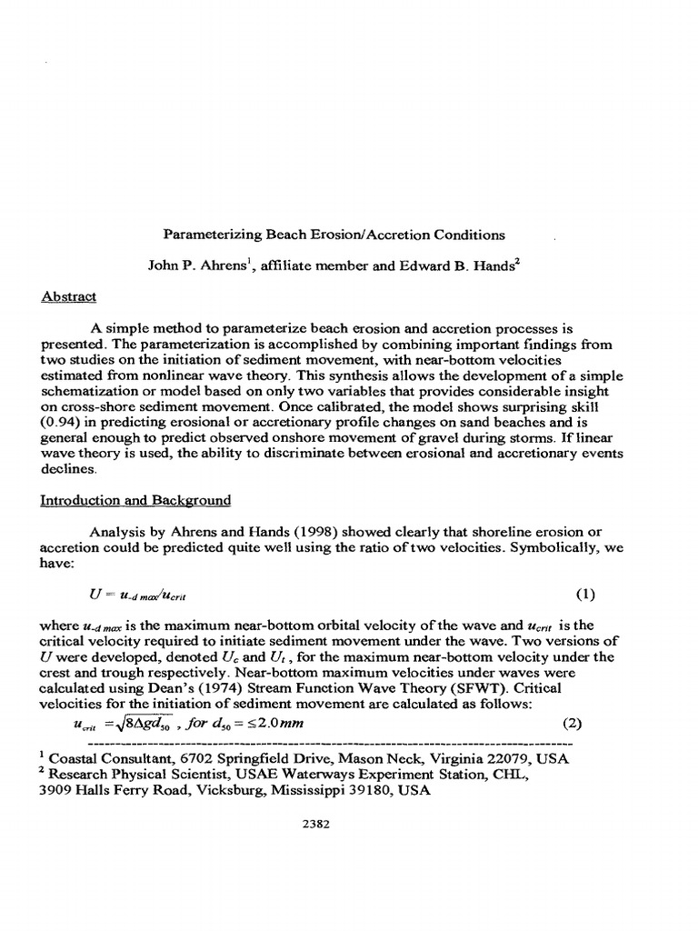Ah Formula - Ahrens, J.P., and Hands, E.B. (1998) | PDF | Erosion | Beach