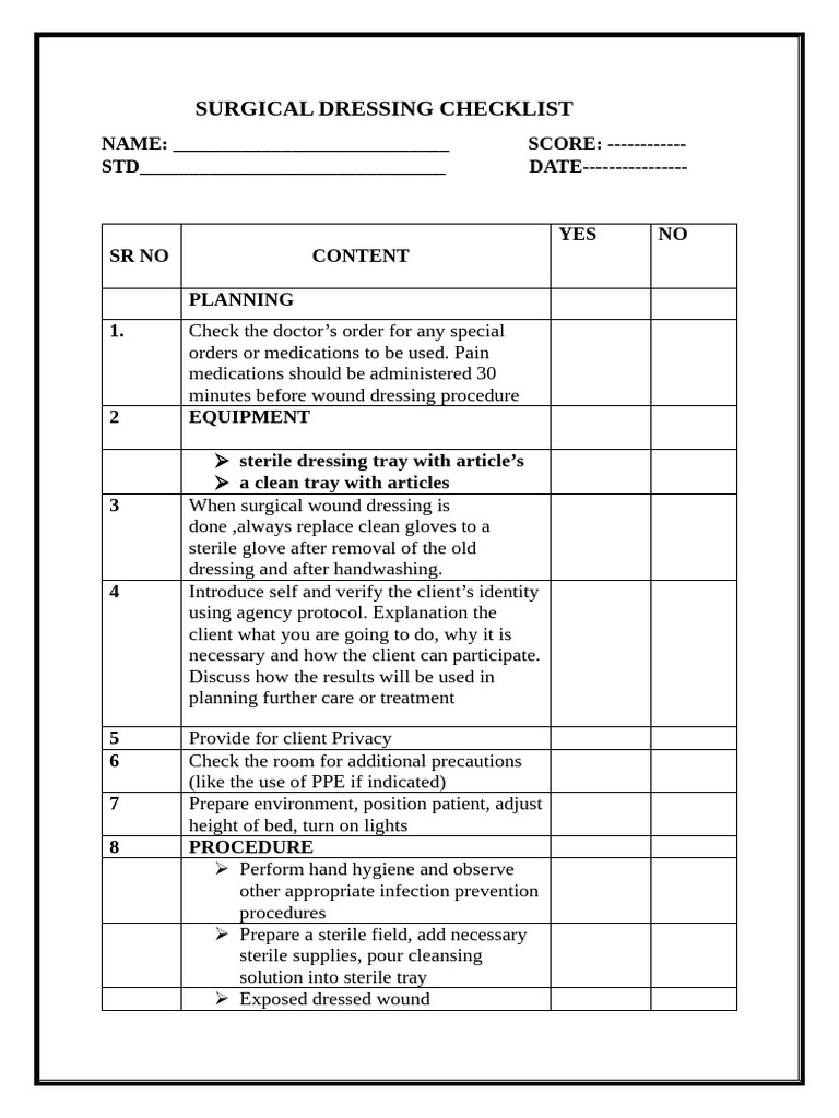 Surgical Dressing Procedure Checklist | PDF