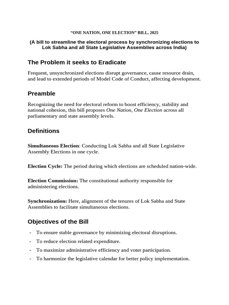One Nation, One Election Bill 2025 | PDF | Elections | Forms Of Government