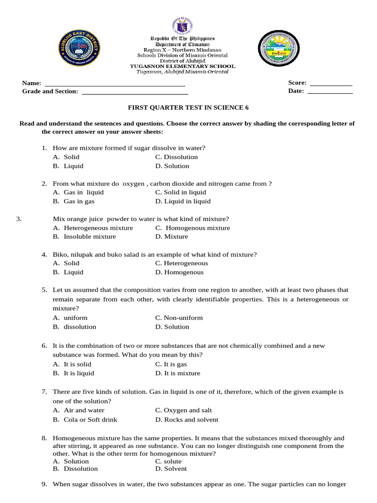 Science 6 1st Quarter | PDF | Mixture | Solubility