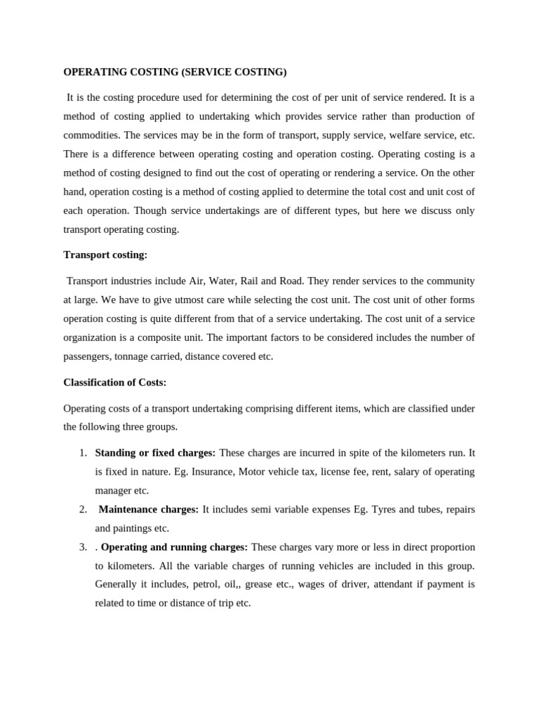 Operating Costing | PDF | Transport | Cost