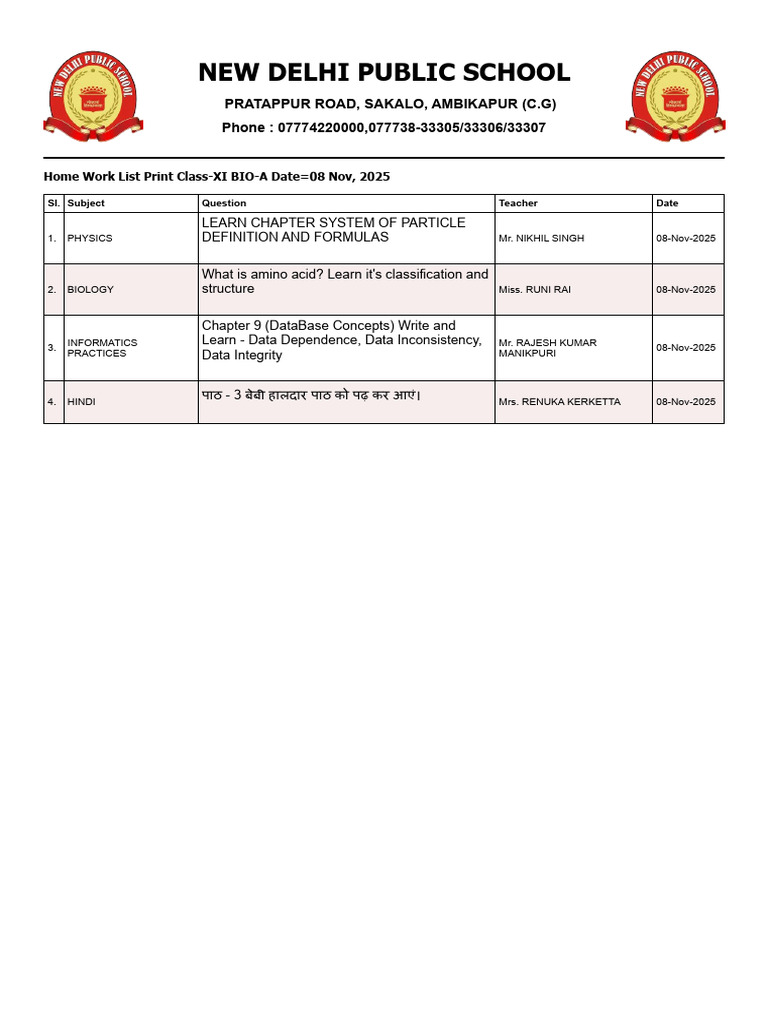 Homework Class-XI BIO-A Date - 08 Nov, 2025 | PDF