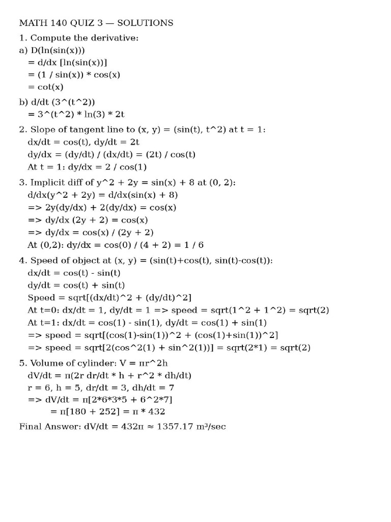 Math 140 Quiz 3 Solved Corrected | PDF
