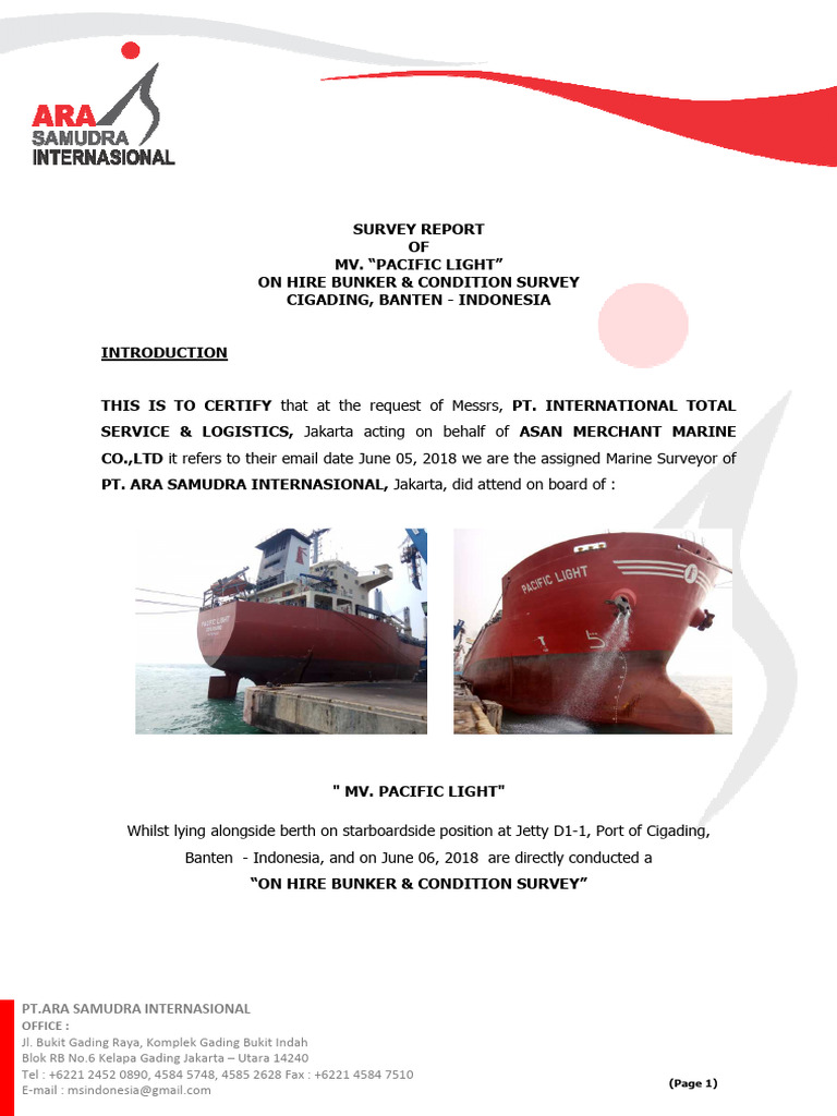 Survey Report On Hire Bunker & Condition MV - Pacific Light - Cigading ...