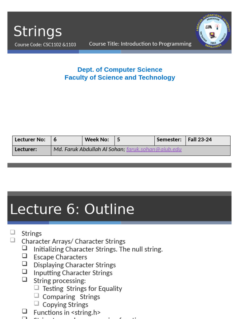 Lecture 6 String | PDF | String (Computer Science) | Pointer (Computer ...
