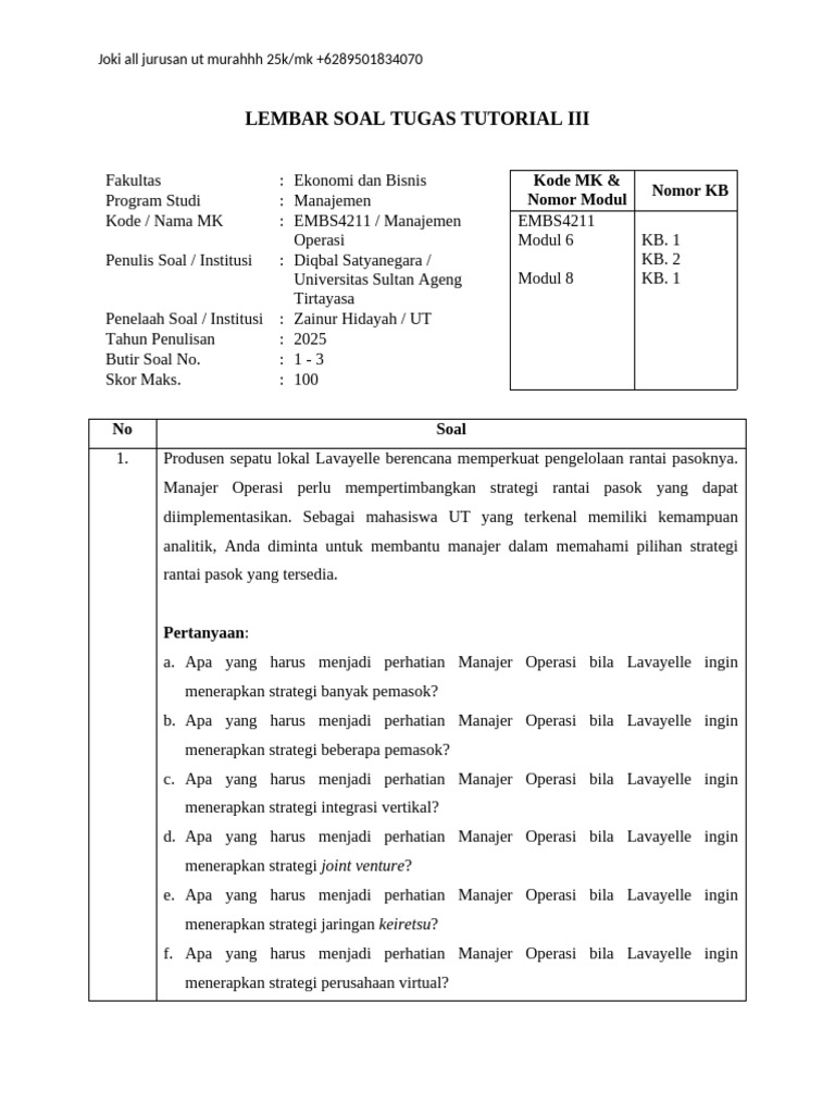 Lembar Soal Tugas Tutorial III | PDF