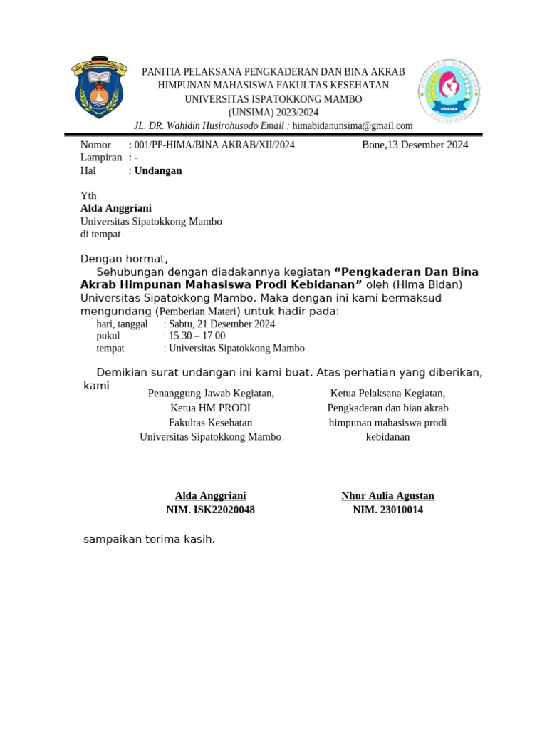 Undangan Pengkaderan Hima Kebidanan UNSIMA | PDF