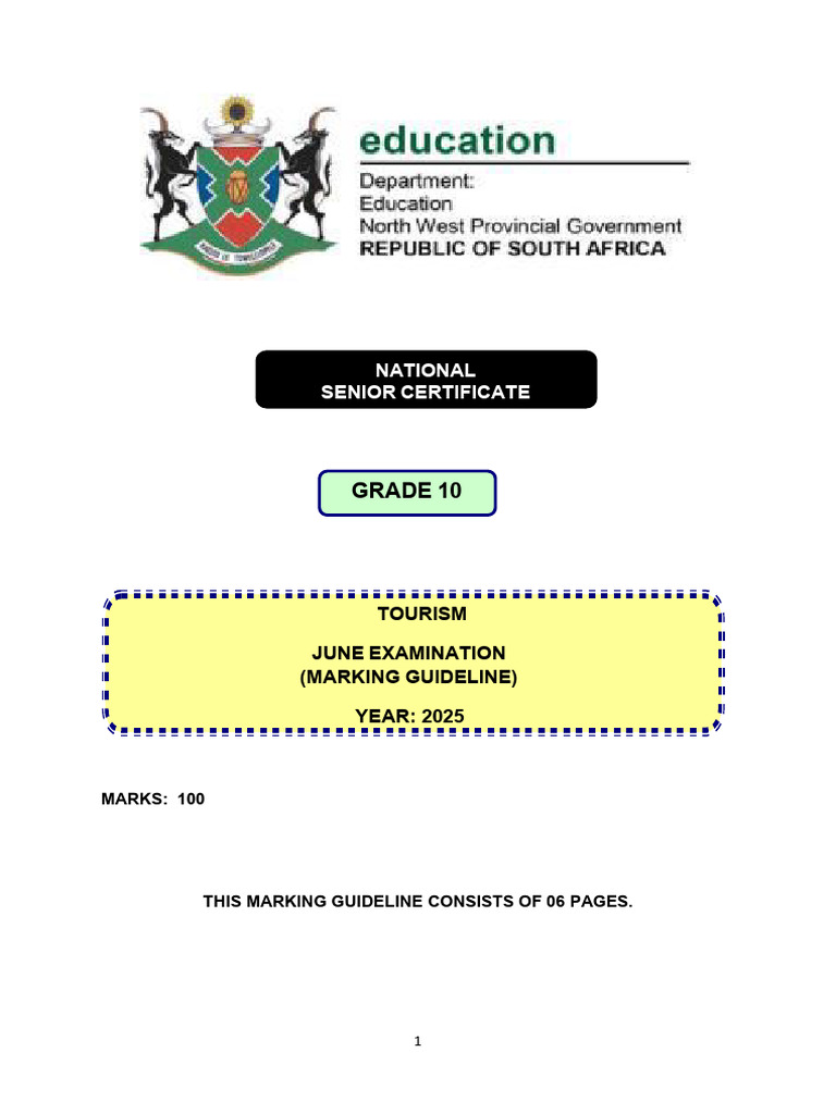 Grade 10 Tourism Exam Marking Guide | PDF | Tourism