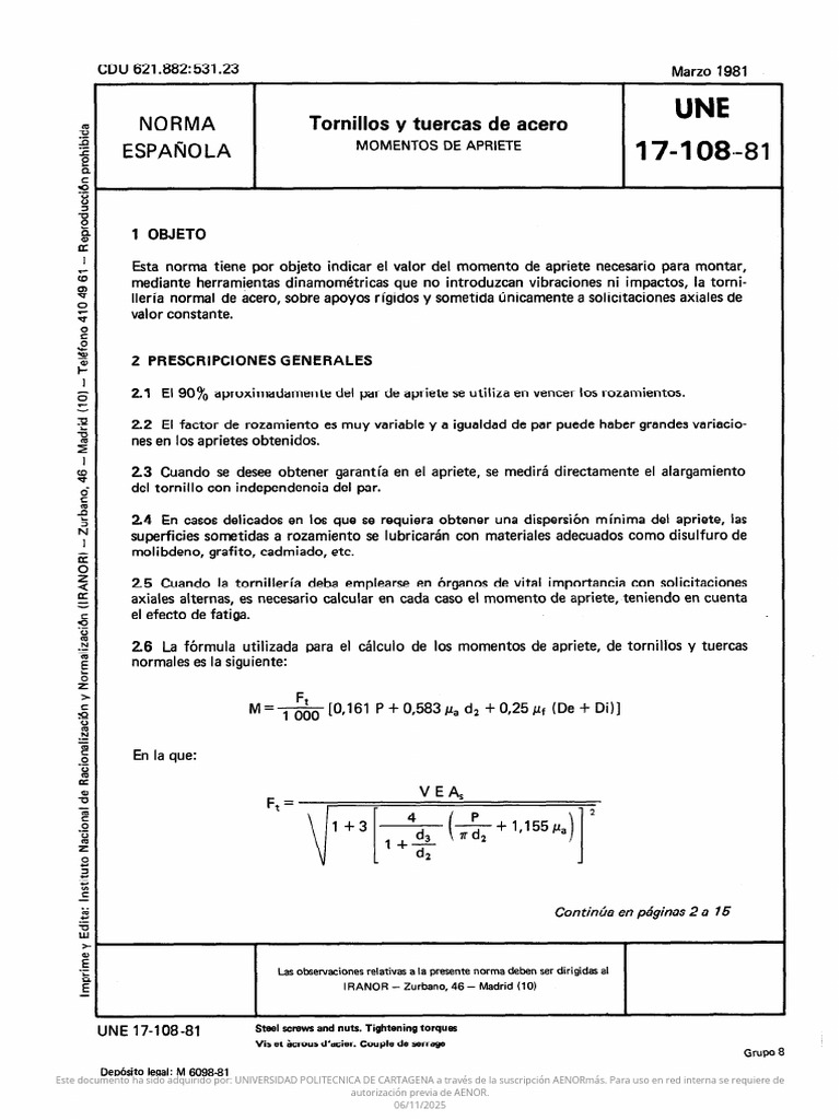 Une 17108 1981 | PDF | Tornillo | Tuerca (Hardware)