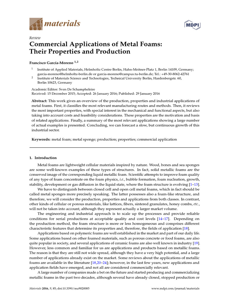 Materials: Commercial Applications of Metal Foams: Their Properties and ...