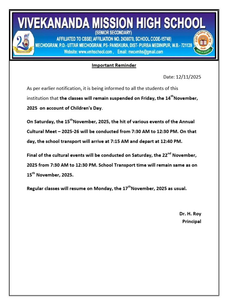 Important Reminder Notice 12-11-2025 | PDF