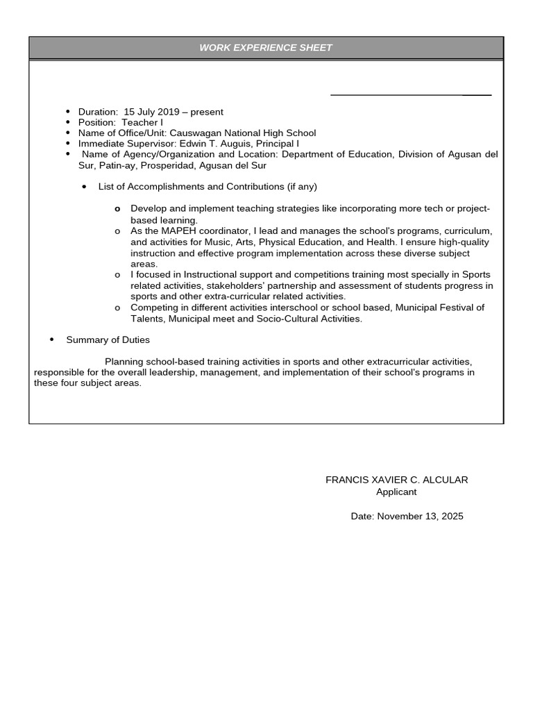 ANNEX H-2 - CS Form No. 212 Attachment - Work Experience Sheet | PDF