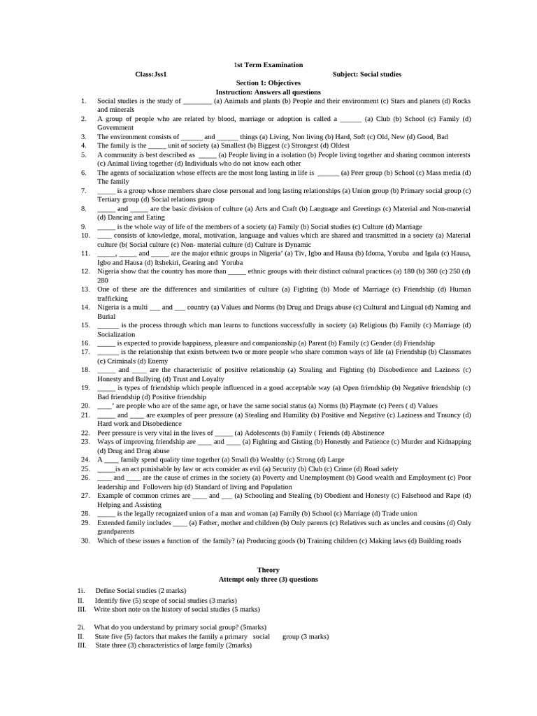 JSS1 Social Studies Exam Questions | PDF | Family | Friendship
