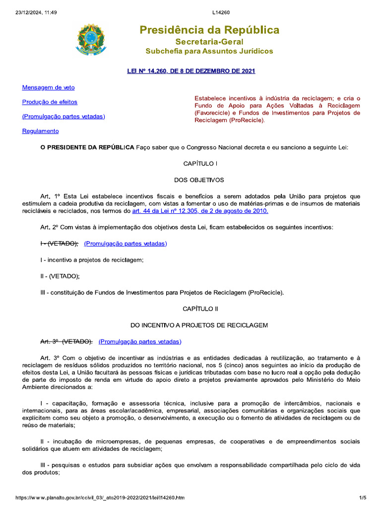 Lei 14.260-2021 - Incentiva A Reciclagem | PDF