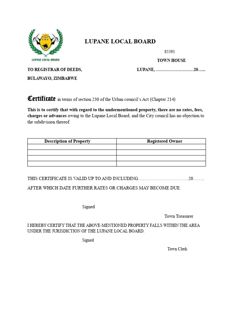 Lupane Local Board Property Certificate | PDF