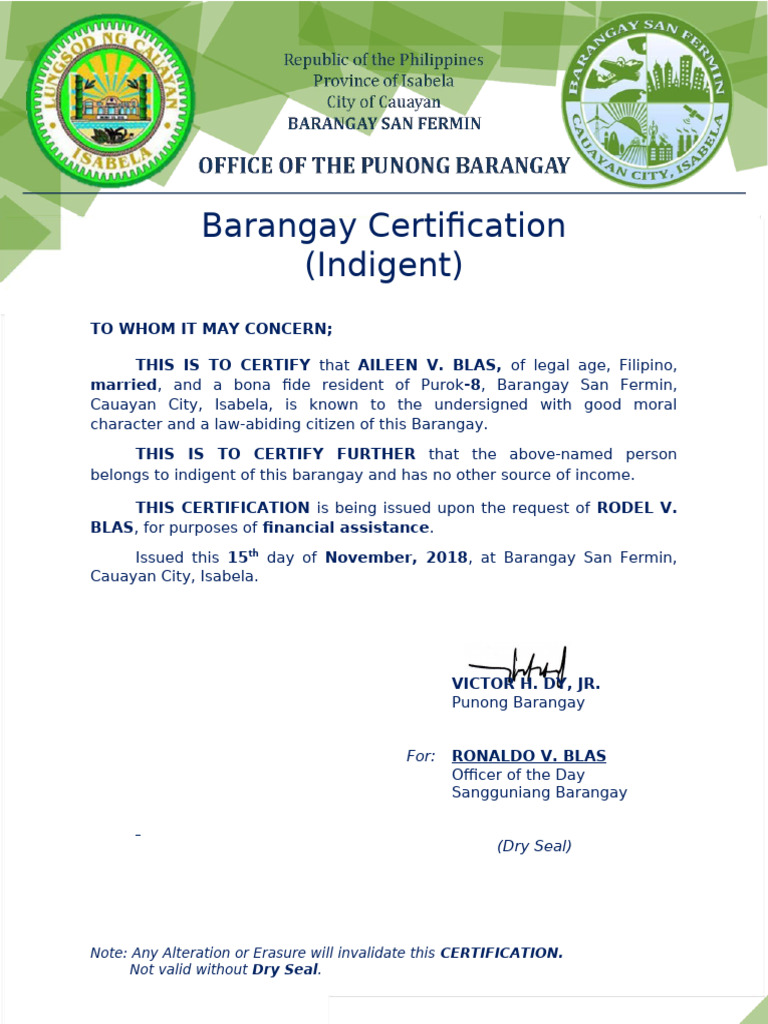 2018 Form - Certification Indigent (Aileen v. Blas) | PDF