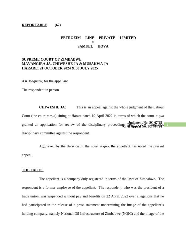 PETROZIM Line Private Limited V Hova (67 of 2025) 2025 ZWSC 67 (30 July ...