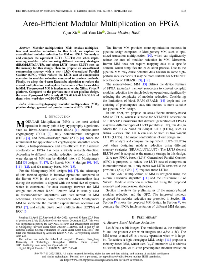 Area-Efficient Modular Multiplication On FPGA | PDF | Field ...