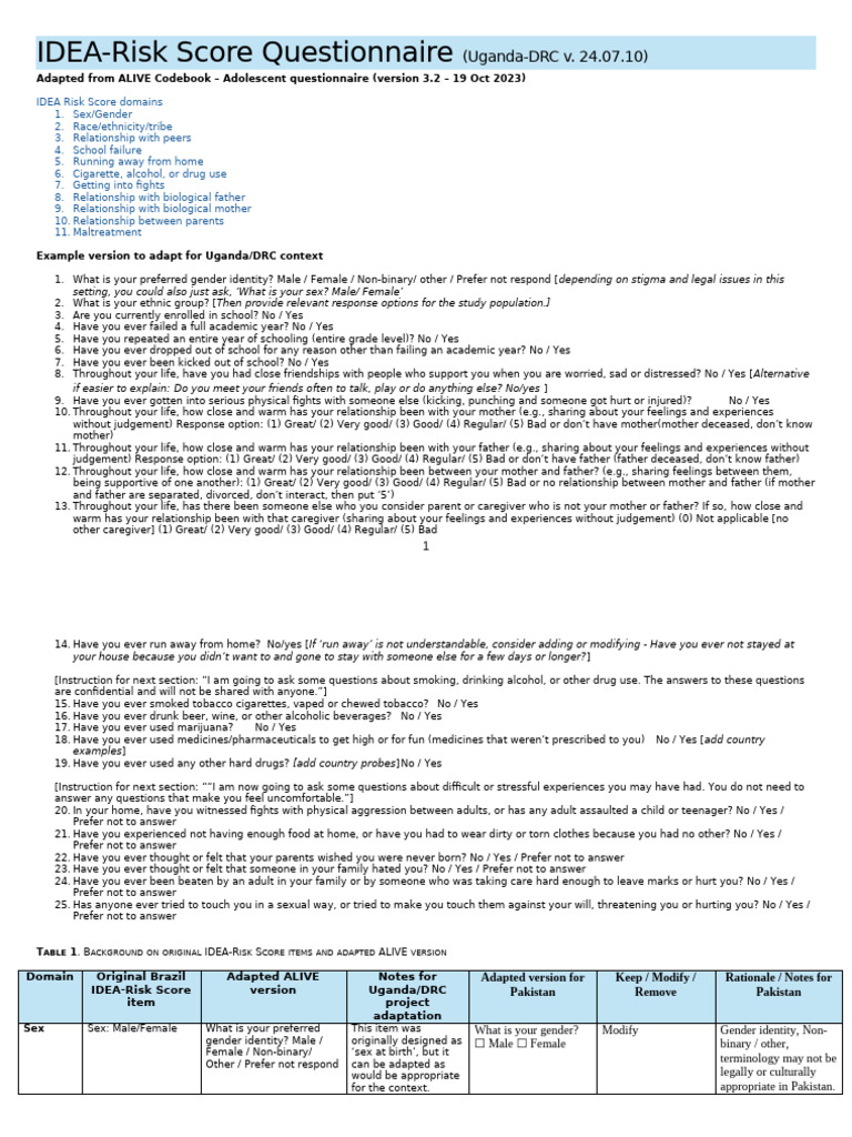 IDEA-Risk Score Questionnaire - For Pakistan.8.6.25 | PDF | Adolescence ...