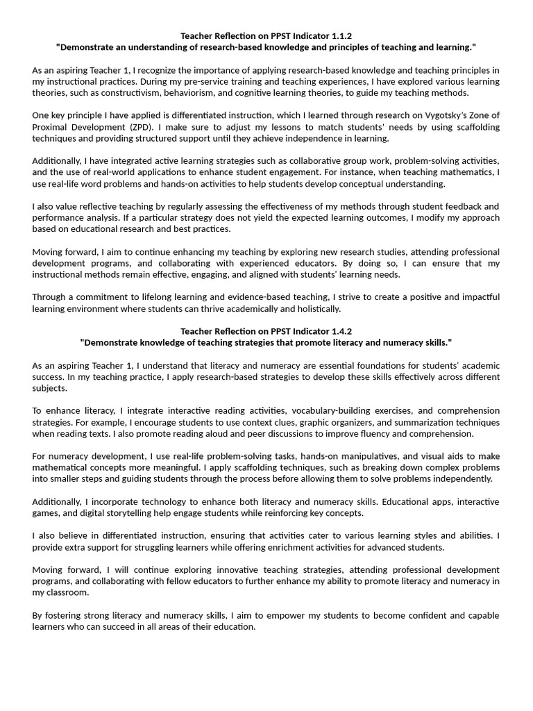 Teacher Reflection On PPST Teacher 1 Applicants | PDF | Learning | Differentiated Instruction