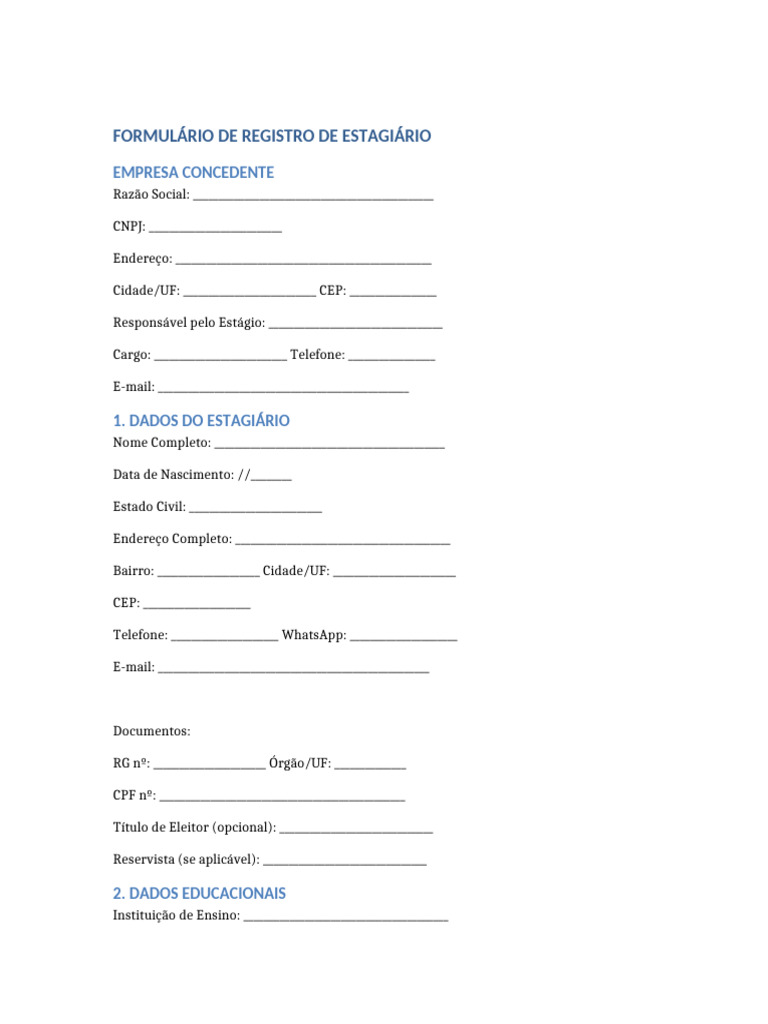 Formulário de Registro de Estagiário | PDF | Estágio | Procura de Emprego