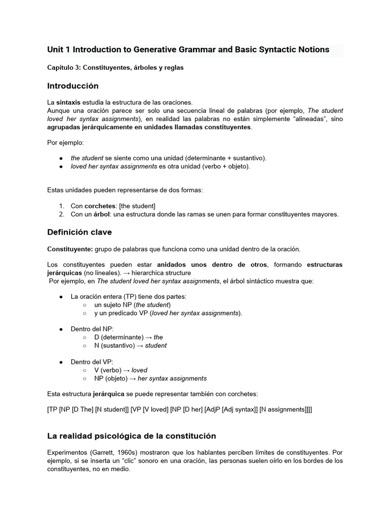 Unit 1 Introduction To Generative Grammar and Basic Syntactic Notions | PDF | Oración ...