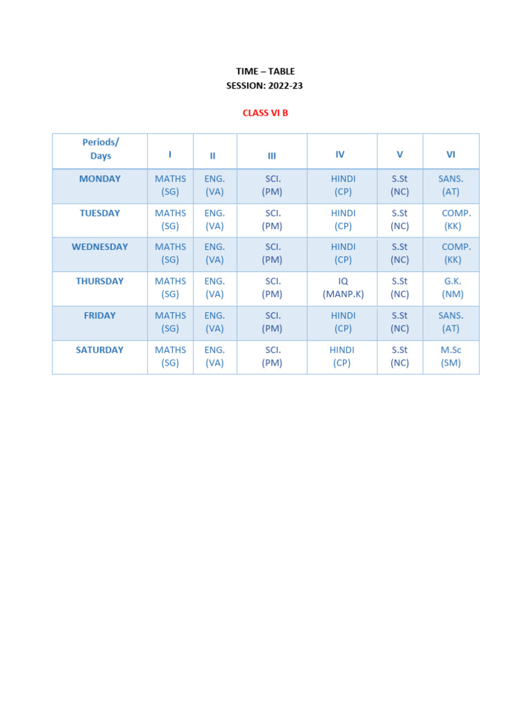 Class Vi B TT | PDF