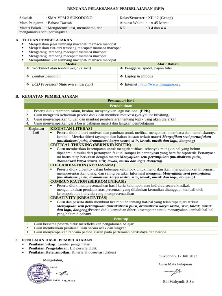 4.4 Rpp II Bd Kelas 12 - Ttd | PDF