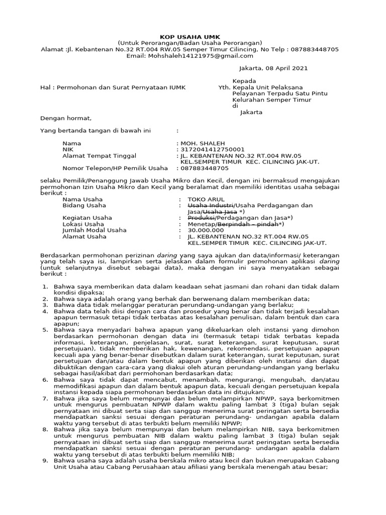 Permohonan IUMK Toko Arul Cilincing | PDF