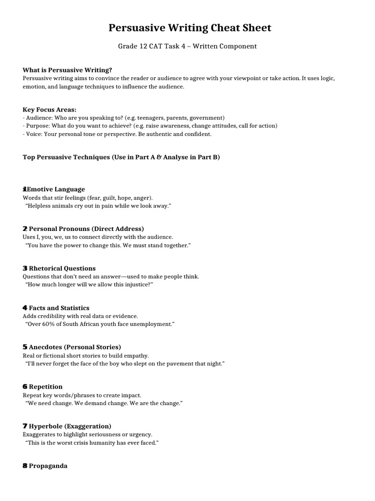 Persuasive Writing Cheat Sheet Grade12 CAT | PDF