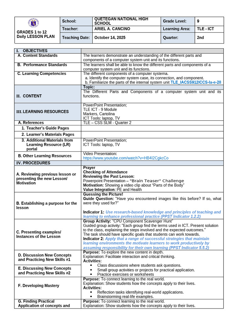 Grade 9 TLE ICT Lesson Plan | PDF | Learning | Educational Technology