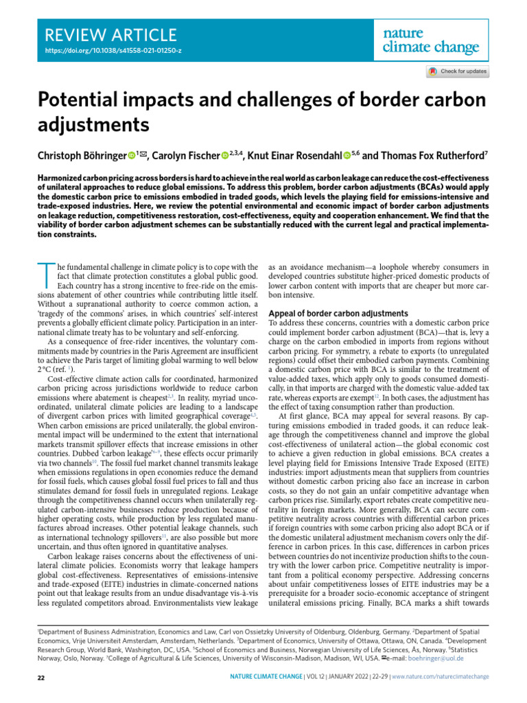Potential Impacts and Challenges of Border Carbon Adjustments Christoph ...