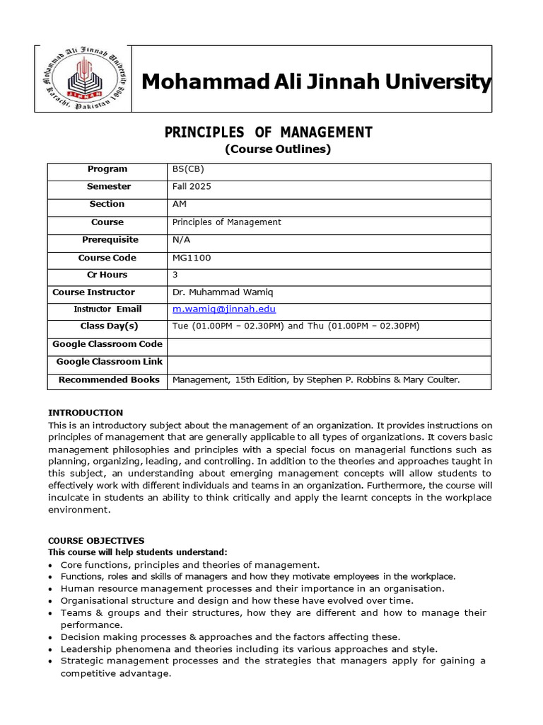 Principles of Management Course Outline | PDF | Strategic Management ...