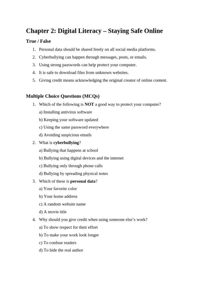 Digital Literacy: Online Safety Quiz | PDF | Computer Virus | Cyberbullying