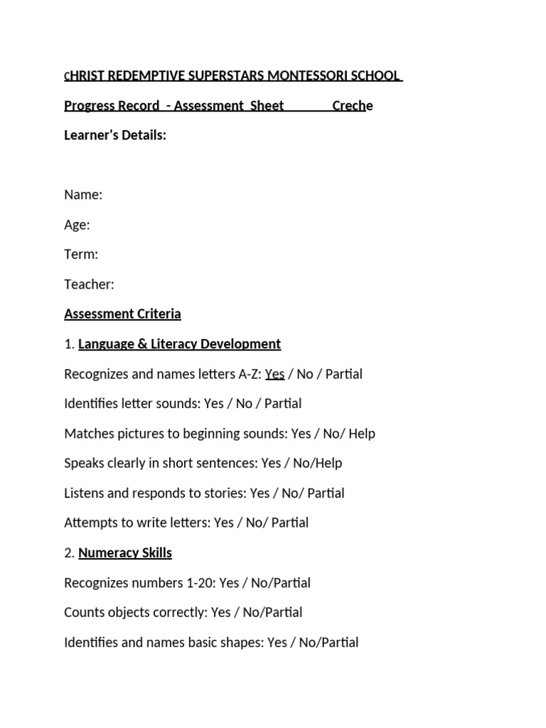 Progress Record - Creche 2-2 | PDF