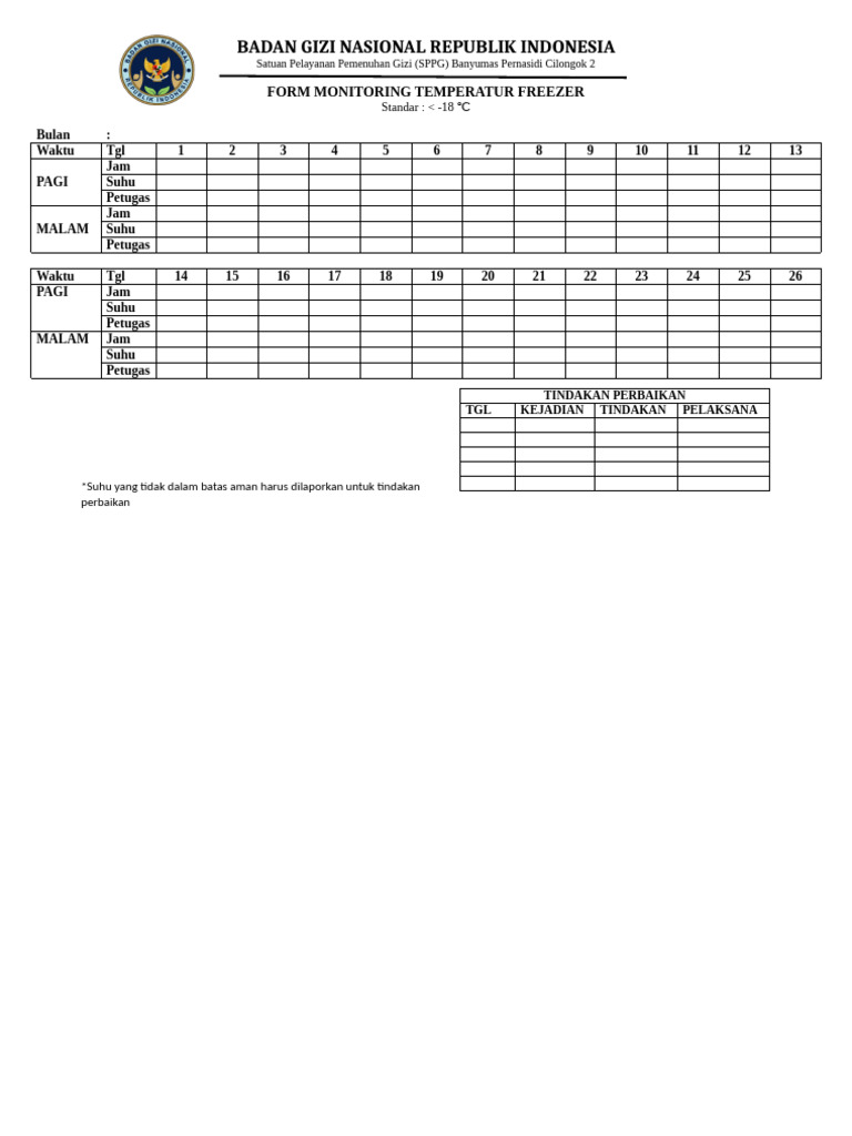 Form Monitoring Suhu Freezer | PDF