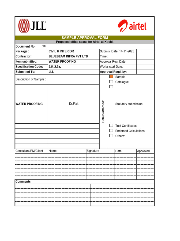Sample Approval Form for Waterproofing | PDF