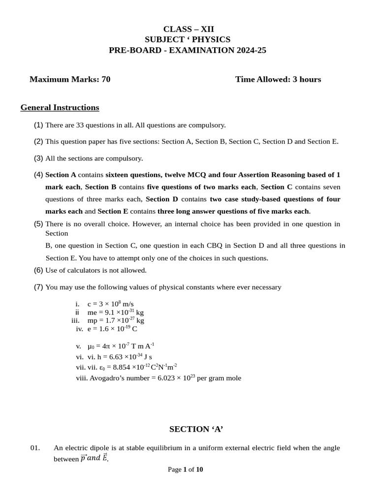PB1 2024 Xii Phy QP | PDF | Quantity | Physics
