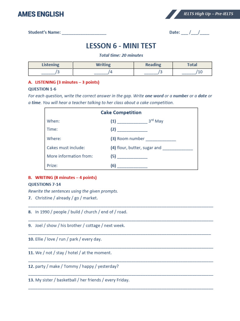 6. Mini Test Ielts Hu Pre-ielts l6 Revision | PDF