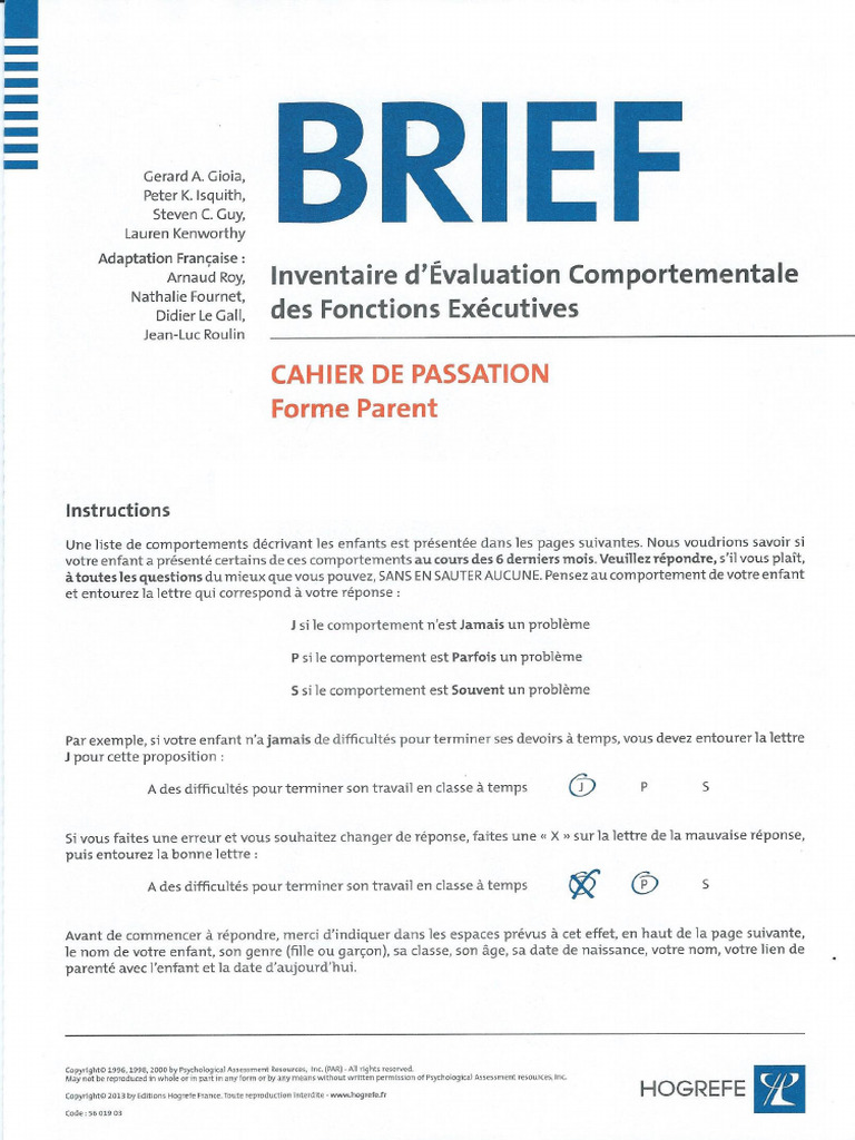 Cahier Passation Forme Parents | PDF