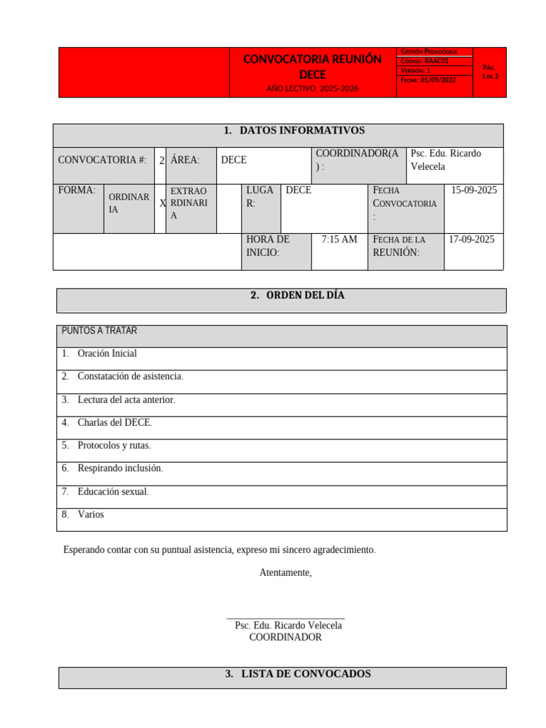 Convocatoria a Reunión 2 DECE | PDF