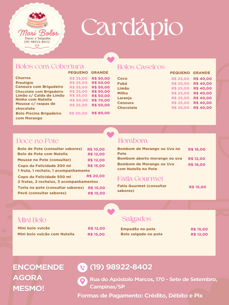 Cardápio de Bolos Confeitaria Moderno Rosa Marrom Menu - 20250920 ...