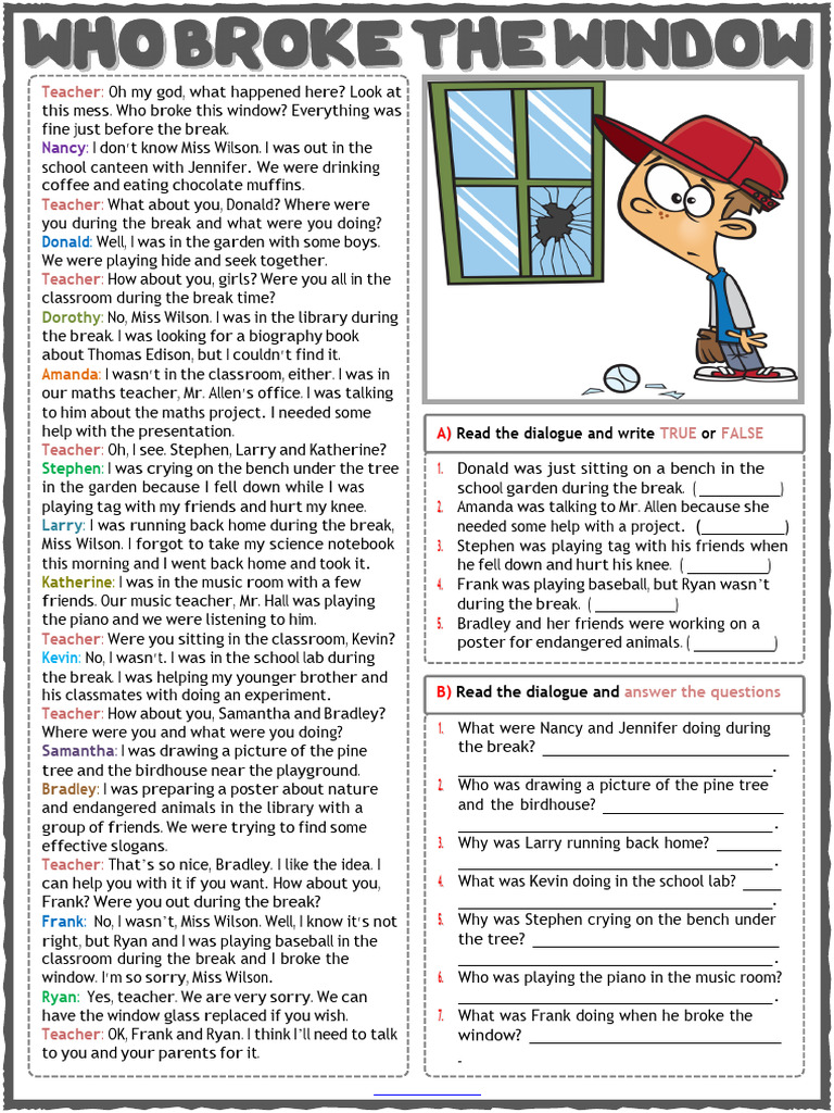 Past Continuous Tense Who Broke the Window Esl Dialogue Comprehension ...