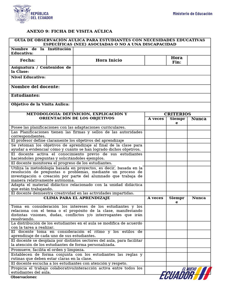 Anexo 9 Ficha de Visita Aúlica | PDF | Maestros | Aprendizaje