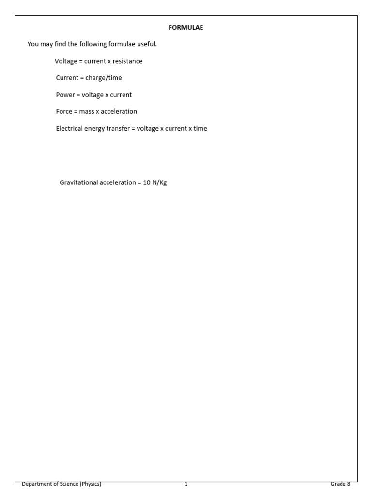Grade 8 Physics Formulae and Questions | PDF | Force | Voltage